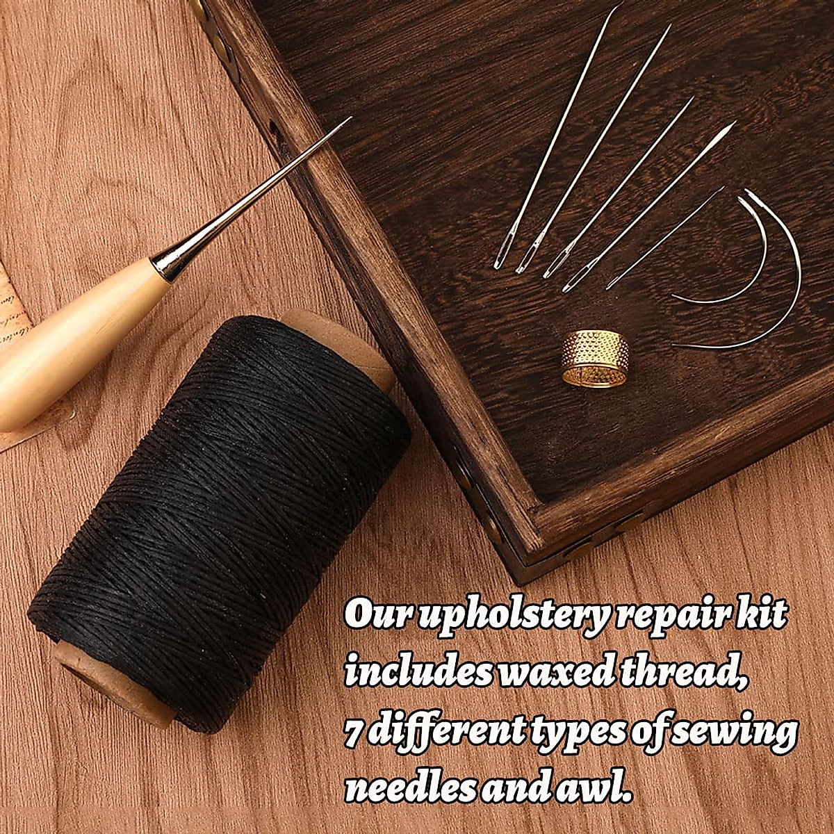 BAGERLA 273 Yards Leather Waxed Thread Sewing Kit Including Black Waxed Thread Needle Awl Thimble, Upholstery Repair Kit for Leather Carpet Sofa Seat Shoe Sewing and Repair