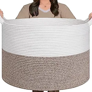 TIMEYARD Large Storage Basket, 21.7'' x 13.8'' Cotton Rope Blanket Basket Living Room Toy Baskets Storage Kids, Nursery Laundry Baskets for Dirty Clothes Pillows Towel, 90L White & Brown