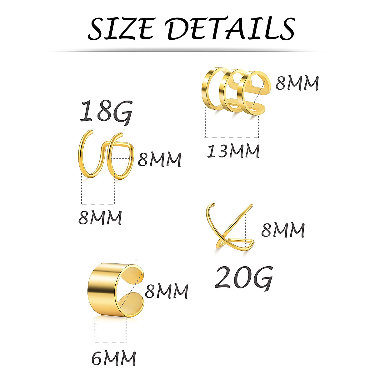 Tornito 4-10 Pairs Stainless Steel Ear Cuff Helix Cartilage Clip On Wrap Earrings Fake Nose Ring Non-Piercing Adjustable (B1: 4 Pairs, Gold Tone)