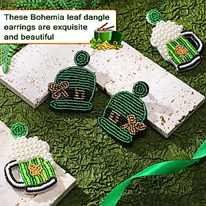 2 Pairs St. Patrick's Day Earrings Beaded Shamrock Hat and Beer Cup Drop Dangle St. Patrick's Day Clover Green Leaf Earring Irish Jewelry Gift for Girl Women Lucky Holiday Party Favors Accessories