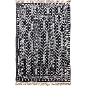 Casavani Handmade Cotton Bordered Rug, Black Indoor Rug Door Decor Mat, Hand-Woven Foldable Rug for Door Mat Washable Carpet for Front Porch Dining Room Kitchen 8x8 Feet Square (240x240 cm)