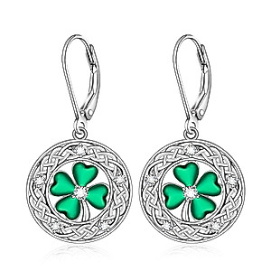 St Patricks Day Earrings Shamrock Earrings for Women Four Leaf Clover Dangle Sterling Silver Celtic Knot Green Irish Shamrock Lucky Jewelry Valentines Day Gifts