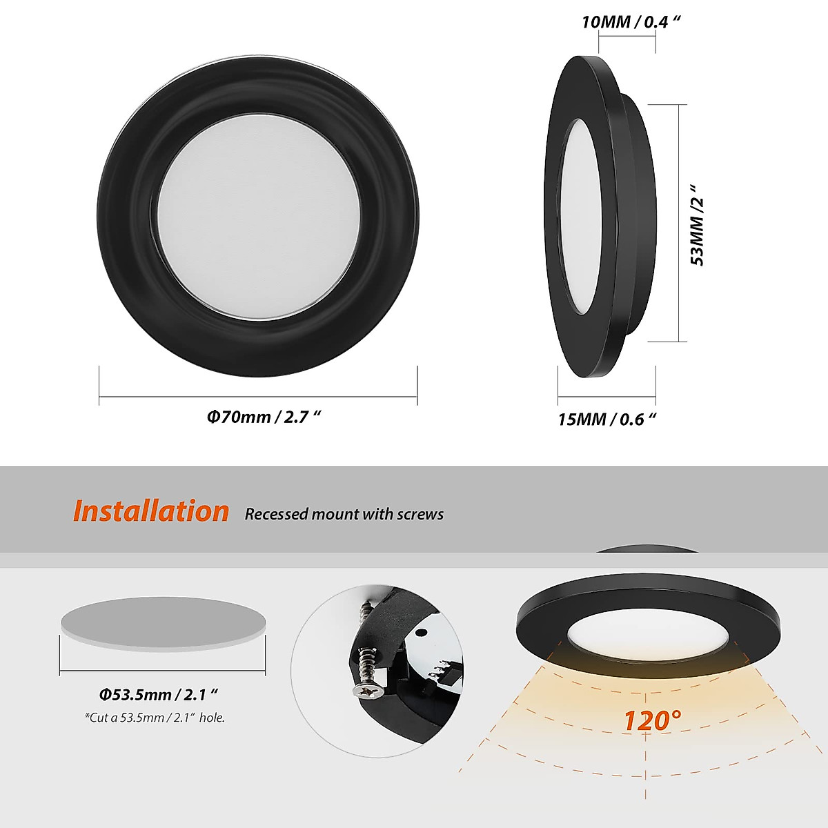 Dream lighting RV Recessed LED Lights 12v for RV Trailer Interior 2W Black Puck Light Warm White, 2.7inch, Pack of 6