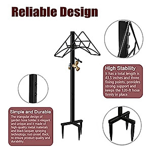 Artigarden Outdoor Hose Holder Stand with Brass Spigot Faucet - Freestanding Metal Water Pipe Extension Hanger Stake Heavy Duty Storage Organizer for Garden Lawn & Backyard