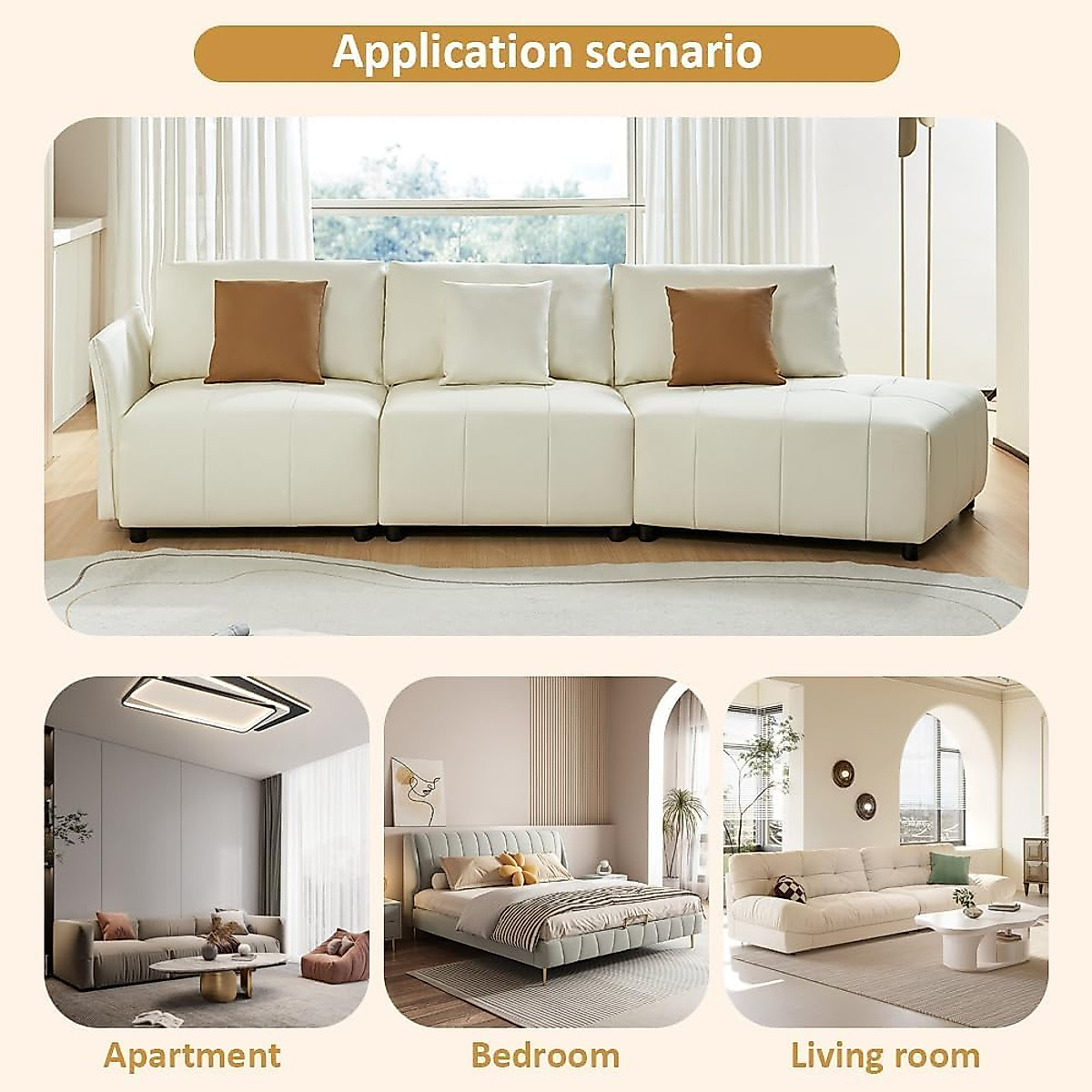 120'' Leather Sectional Couch for Living Room, Modern Modular Sectional Sofa, Ergonomic L Shaped Sofa 4 Seat Sofa, Curved Couch with Button Tufted Seat Cushion & 3 Pillows for Apartment, Office, Beige