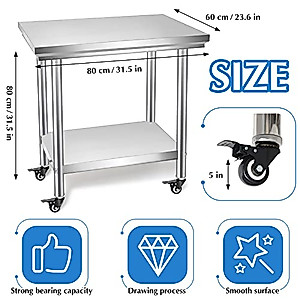 Stainless Steel Table with Wheels Caster 31.5 x 23.6 Inch Commercial Heavy Duty Table Prep Work Metal Table Stainless Steel Cart with Undershelf and Galvanized Legs for Kitchen Restaurant Home Outdoor
