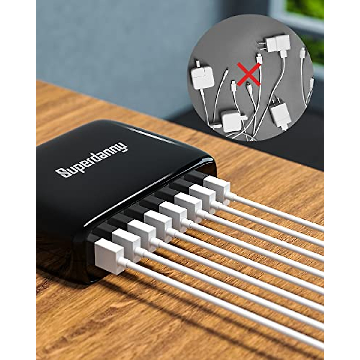 USB Charger Station, SUPERDANNY 8-Port Desktop Charging Station for Multiple Devices, Compatible with iPhone 11/X/Xs/Max/XR/SE/8/Plus, iPad Pro/Air/Mini, AirPods, Galaxy S10 Note, LG, and More, Black