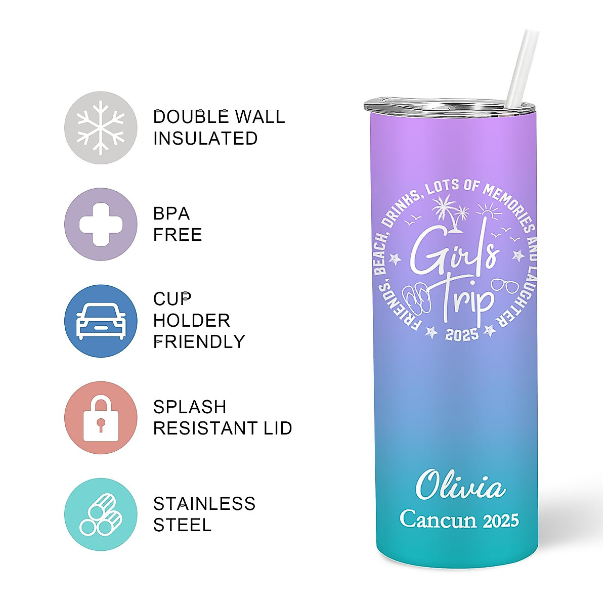 Personalized Girls Trip Tumbler, Custom Beach Vacation Tumbler with Name, Girls Trip Cups, 20 oz Skinny Tumbler with Lids and Straws, 2025 Girl Weekend Gift, Bachelorette Trip Gifts
