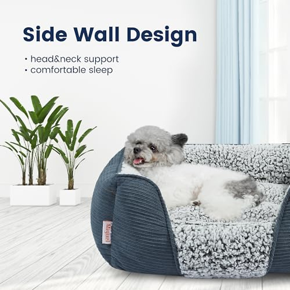 Miguel Washable Cat Beds for Indoor Cats with Removable Cushion, Easy to Wash Small Pet Sofa Bed with Side, Rectangle Bolster Kitten Bed Calming Cuddle Puppy Bed with Anti-Slip Bottom, Blue 18 Inch