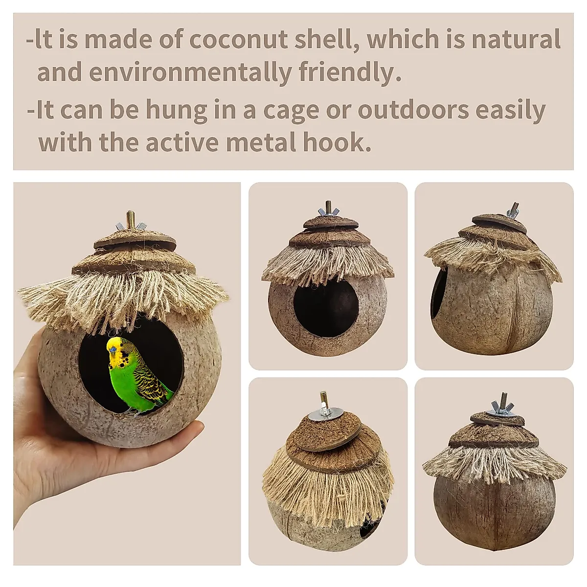 Tfwadmx Natural Coconut Fiber Hanging Birdhouse for Cage, Bird Shell Breeding Nest for Parrot, Parakeet, Lovebird, Finch, Canary, Small Animals House, Bird Hideout with Coconut Twine Decoration