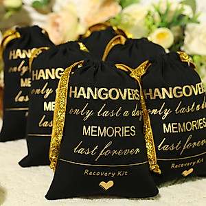 SHERWAY Gold Foil Wedding Bachelorettes Hangover Kit Bags Drawstring Bags, Wedding Bridal Shower Party Favor Bags for Bridesmaid Gift (10pcs, Black, 5 x 7 Inch)