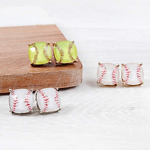 Sports Team Fan Faceted Jewel Stud Earrings - Cushion Cut Square, Basketball, Softball, Soccer, Tennis, Baseball, Golf (Baseball - White/Gold)