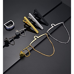 Tornito 9Pcs Tie Clips Tie Ring for Men Square CZ Tie Tacks Clutch with Chain Necktie Silver Black Gold Tie Clips Link Chain for Wedding Meeting Business Anniversary Tie Pin Clips