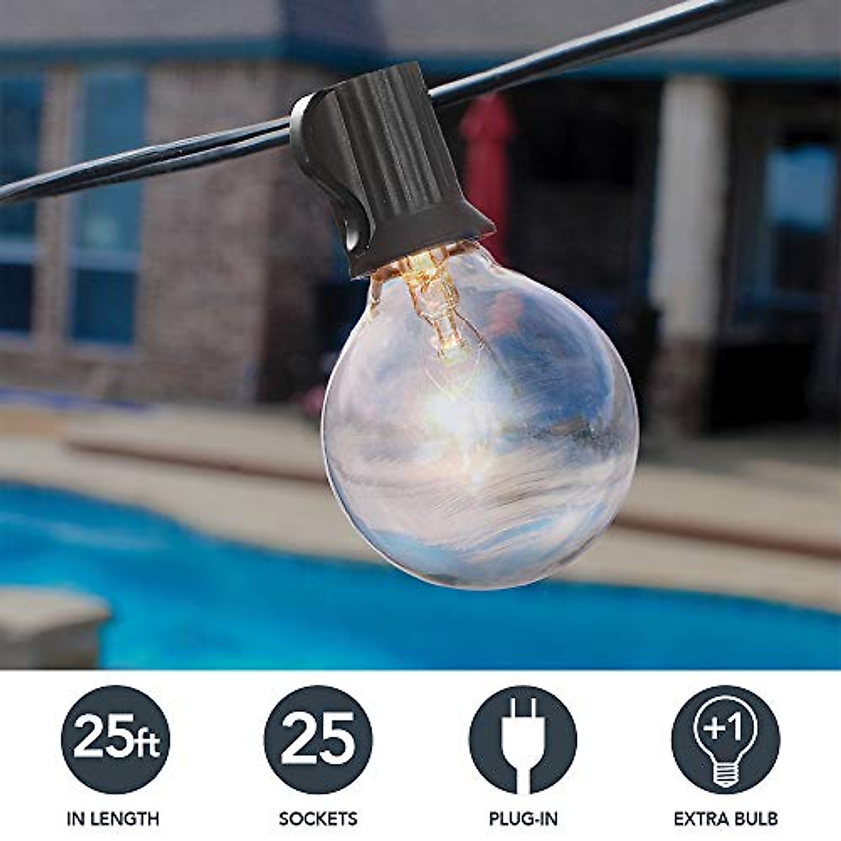Sterno Home 25-Ft Clear Globe Outdoor Incandescent String Lights G40 Bulbs on Black Cord – For Backyard, Weddings, Patio, Porch, Tents and more