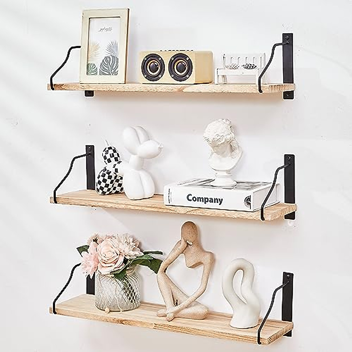 Floating Shelves, 24 Inches Wood Wall Mounted Shelves for Storage, Wall Shelves with Metal Bracket, Rustic Bookshelf for Bedroom Kitchen Living Room (Wooden, 24 Inch)