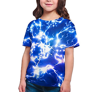 EOWJEED Kids T Shirts for Boys Girls Shirt 3D Blue White Lightning Graphic Printing Classic Crewneck Design Youth Teen Tee 8-10 Years