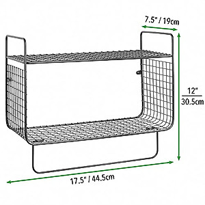 mDesign Steel Wall Mount Towel Rack Storage Organizer Shelf Holder with Towel Bar - for Bathroom, Laundry Room, Kitchen, Garage - Holds Hand Towels, Washcloth - Concerto Collection - Graphite Gray