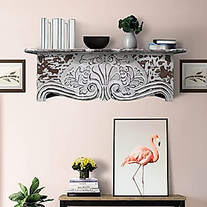 The Urban Port 28-Inch Wooden Floating Wall Shelf with Engraved Floral Details
