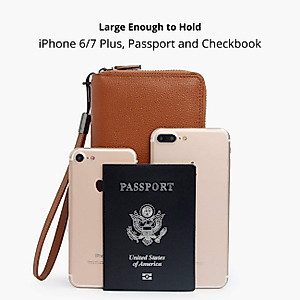 Bveyzi Women RFID Blocking Wallet Leather Zip Around Phone Clutch Large Capacity Ladies Travel Purse Wristlet (Brown)