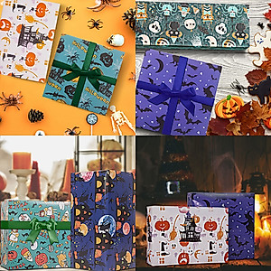 Rancco Halloween Wrapping Paper Set, 6 Sheets Witch Bat Ghost Pumpkin Cat Laser Gift Wrapping Paper w/Stickers and Ribbon for Halloween, Party, Birthday, Holiday,19.6 inch X 27.5 inch Per Sheet