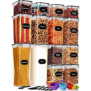 Skroam 14 Pack Airtight Food Storage Containers for Kitchen Pantry Organization and Storage, BPA Free Plastic Canister Set with Lids, Cereal, Flour & Sugar Containers- Spoon Set, Labels & Marker
