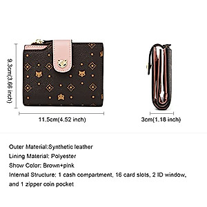 FOXLOVER Small Wallet for Women, Faux Leather Ladies Cute Zipper Purses Wallet with ID Window Credit Card Holders Gift Box Packing Womens Designer Signature Monogram Wallets (Brown+pink)