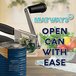Matways Heavy Duty Commercial Hand Can Opener, Easy Crank Can Opener with Extra Long ergonomic Handle, Stainless Steel Sharp Blade, Large Size Manual Can Opener with Black Comfortable Handle Grip