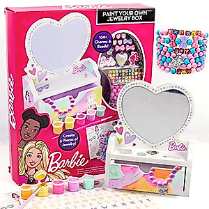 Barbie Paint Your Own Jewelry Box, Customize A Heart-Shaped Vanity & Jewelry Box with Acrylic Paints, Create 5 Pieces of Jewelry, 100+ Charms & Beads, Bead Kit for Kids Ages 5, 6, 7, 8
