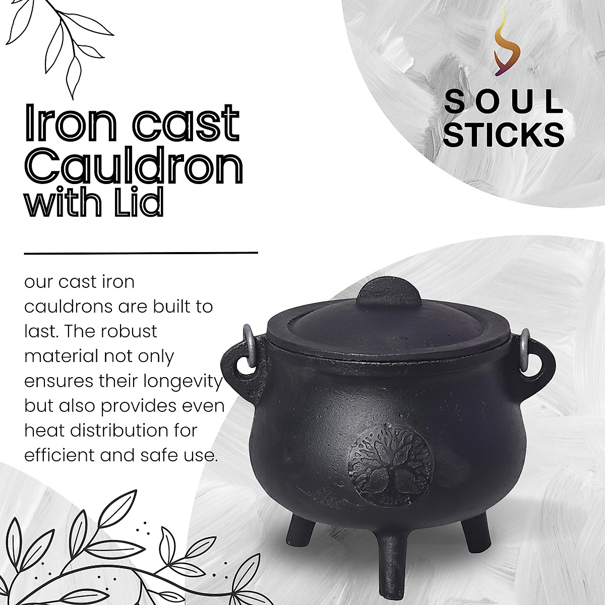 SOUL STICKS Reusable 6 Cast Iron Cauldron with Lid and Hanging Handle for Spell Casting, Smudging, Ritual & Blessings Pot Belly Witchcraft (Tree of Life)