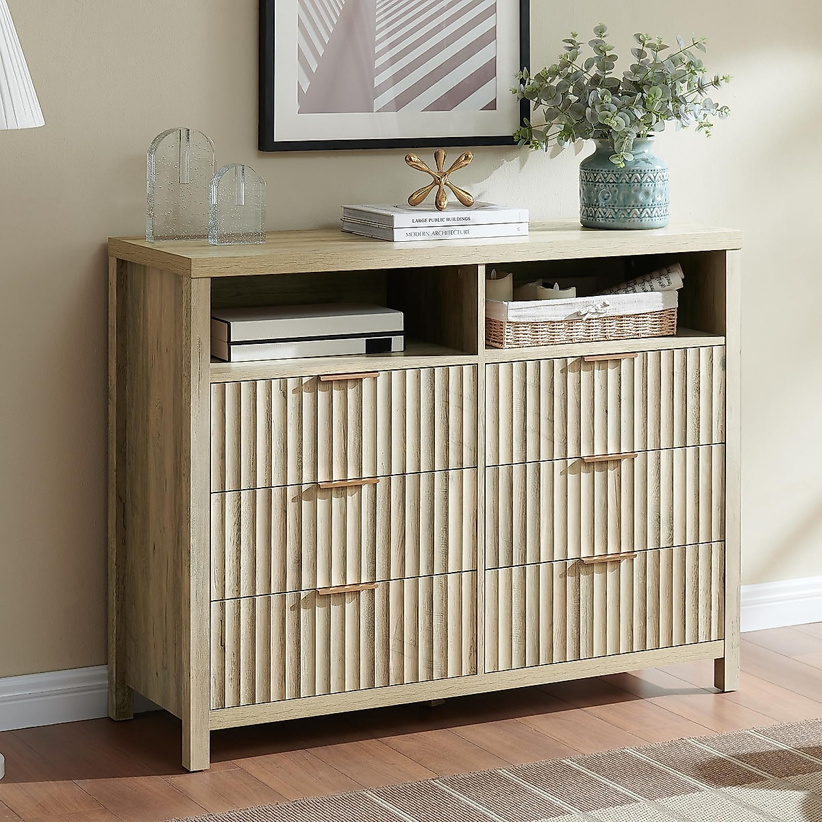 OAKHAM HOME Oxford Fluted 6 Drawer Dresser for Bedroom, Wide Modern Wooden Chest of Drawers with 2 Shelves, TV Stand of Drawers, Wood Drawer Organizer, 46.5" W x 37" H x 15.4" D (Sunwashed Ash Oak)