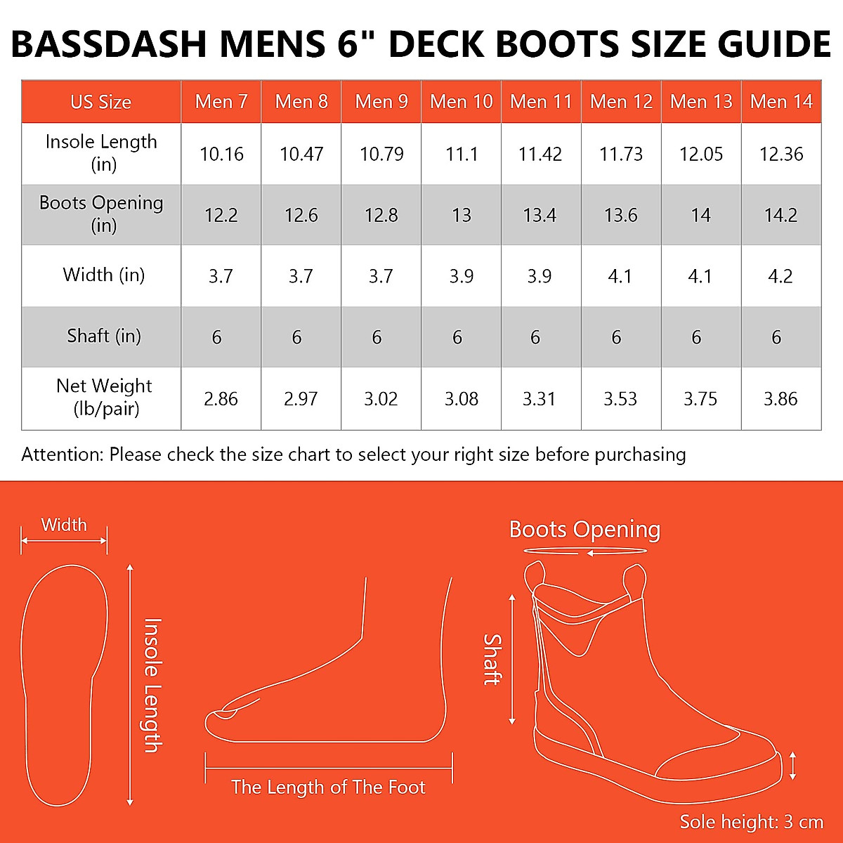 BASSDASH Men’s 6" Waterproof Deck Boots with Breathable Lining Anti-slip Neoprene Rubber Ankle Rain Boots for Fishing Boating