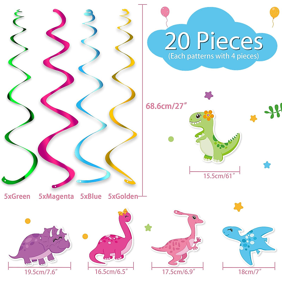 Girls Dinosaur Party Hanging Swirl - 20 PCS Dino Birthday Party Decorations for Kids Baby Shower Dinosaur Themed Party Supplies Hanging Whirls Spiral Streamer Ceiling Decor
