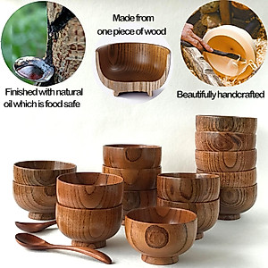 Kanhaom Small Wooden Bowls and Spoons, 10oz. Portion Control Bowls for Snack, Dessert, Japanese Serving Bowls for Rice, Soup, Solid Wood Bowls for Decor (4 Bowls with 4 Spoons - 4.1IN)