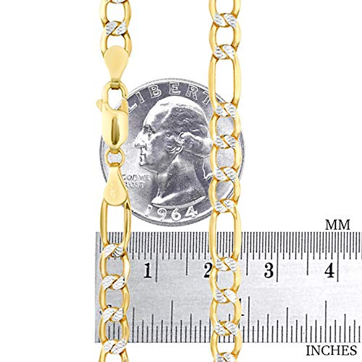 Nuragold 10k Yellow Gold 5.5mm Figaro Chain Link Diamond Cut Pave Two Tone Bracelet, Mens Womens Jewelry 7" 7.5" 8" 8.5" 9"