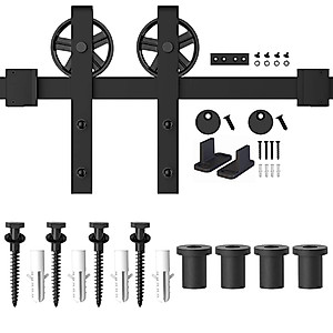 WINSOON 5-16FT Single Wood Sliding Barn Door Hardware Kit 5FT Basic Black Big Spoke Wheel Roller Garage Closet Carbon Steel Flat Track System (5FT)