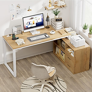 Homall L Shaped Desk with Drawers&Shelves, 55'' Corner Computer Desk with Power Outlets, Reversible PC Table with Storage File Cabinet for Home Office Studying Writing Gaming Workstation (Light Oak)