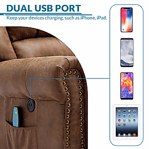 OUINCH Manual 360 Degree Swivel Glider Rocker Recliner Chair with Massage and Heat, USB Ports and 2 Side Pockets, Bronze Suede Like Fabric, Brown