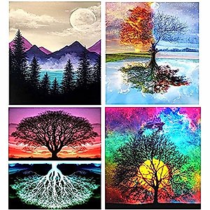 Fycert (4 Pack) DIY Paint by Numbers Kits,Canvas Oil Painting Set for Adults Beginner,16" L x 12" W Drawing Paintwork with Paintbrushes,Acrylic Pigment - Tree & Moon,Version 1