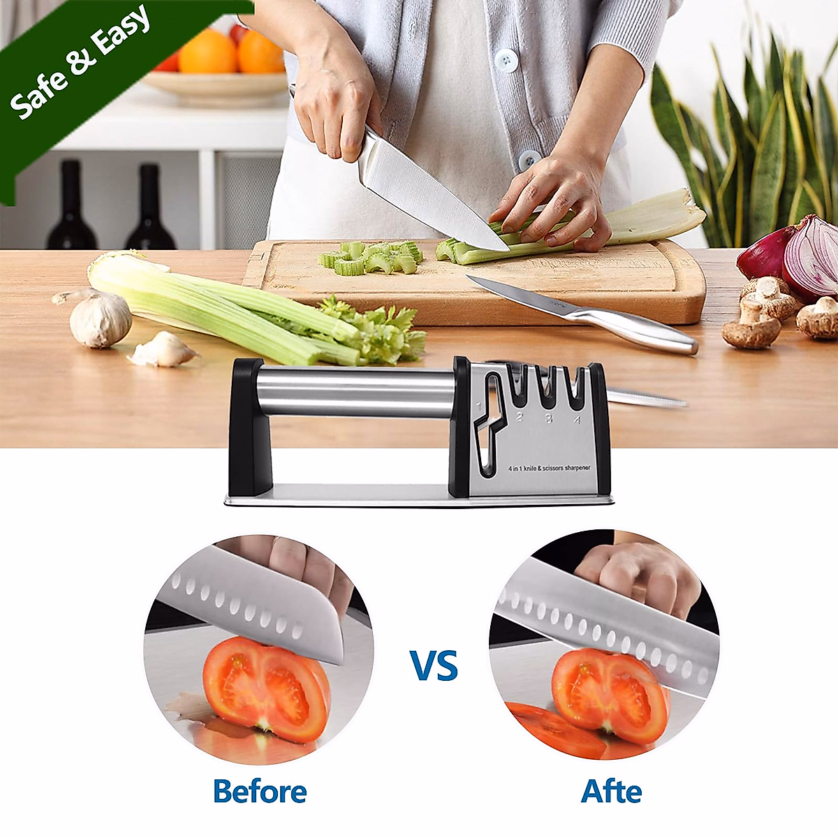 Knife Sharpeners,4 in 1 Kitchen Knife and Scissors Sharpener,Grind and Polish Knife Accessories,Manual Knife Sharpener for Ceramic and Steel Knives,Scissors,Outdoor Knives.