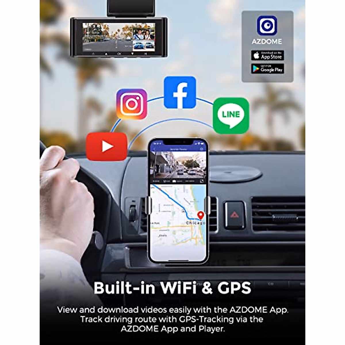 AZDOME 4K Dual Dash Cam, Built in WiFi GPS, with 64GB Card, Front 4K and Rear 1080P Car Dashboard Camera Recorder, 3.19" IPS, Night Vision, Capacitor, Parking Mode, Support 256GB Max M550-2CH