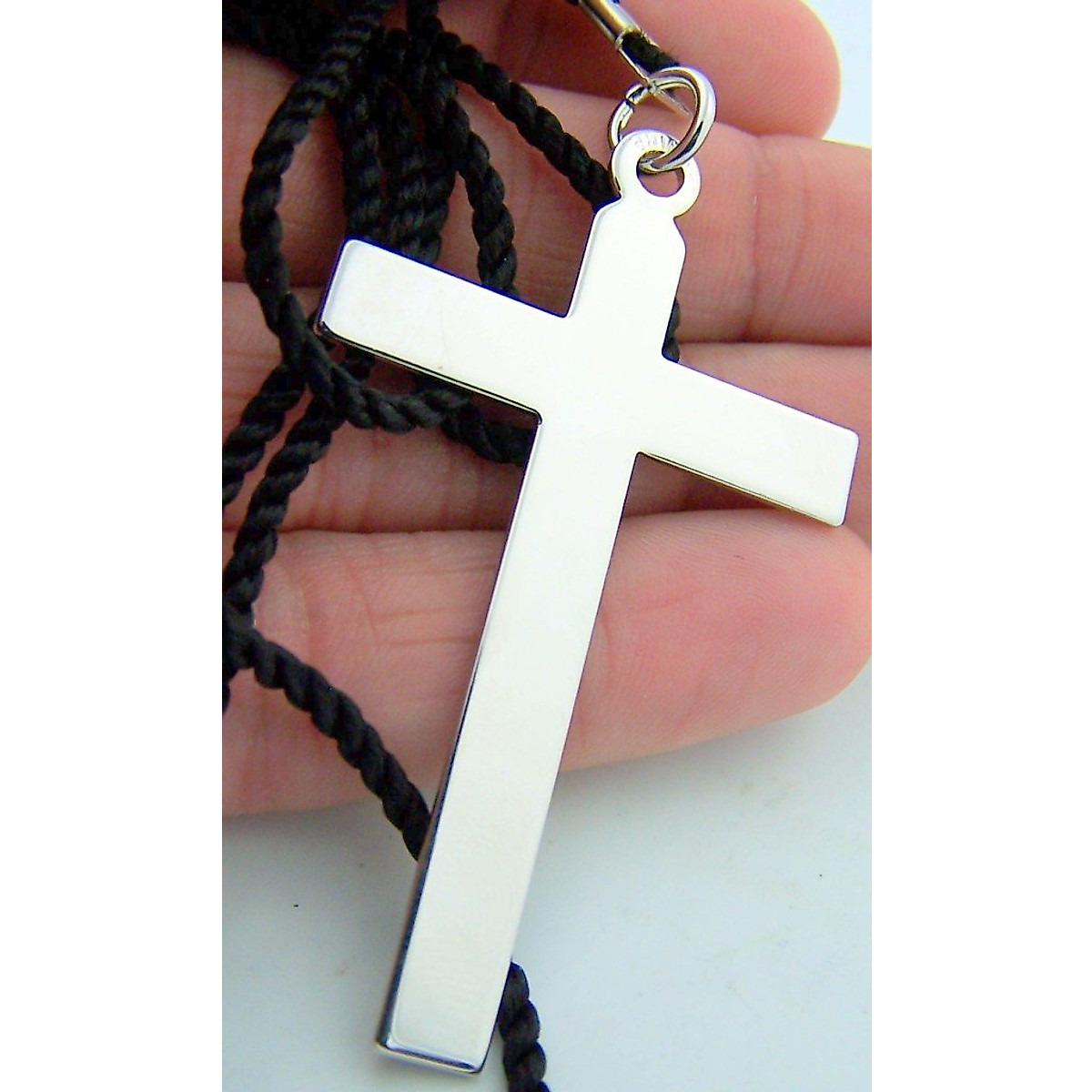 WJH Silver Toned Base Plain Latin Pectoral Cross on Cord Chain, 2 1/2 Inch