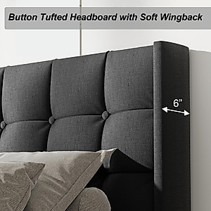 Sismplly Full Size Platform Bed Frame with Upholstered Wingback Headboard, Wooden Slats Support, No Box Spring Needed, Easy Assembly, Dark Grey