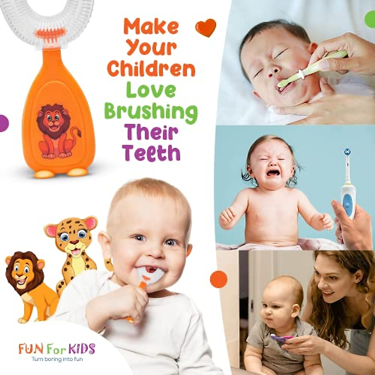 ZOFREY Kids Toothbrushes U Shape 4 Pack - Kids Toothbrushes with Safari Animals and 4 Free E-Books, U Shaped Toothbrush Kids Age 2-6, 360 Toothbrush Toddler, Autism Toothbrush for Kids, BPA Free