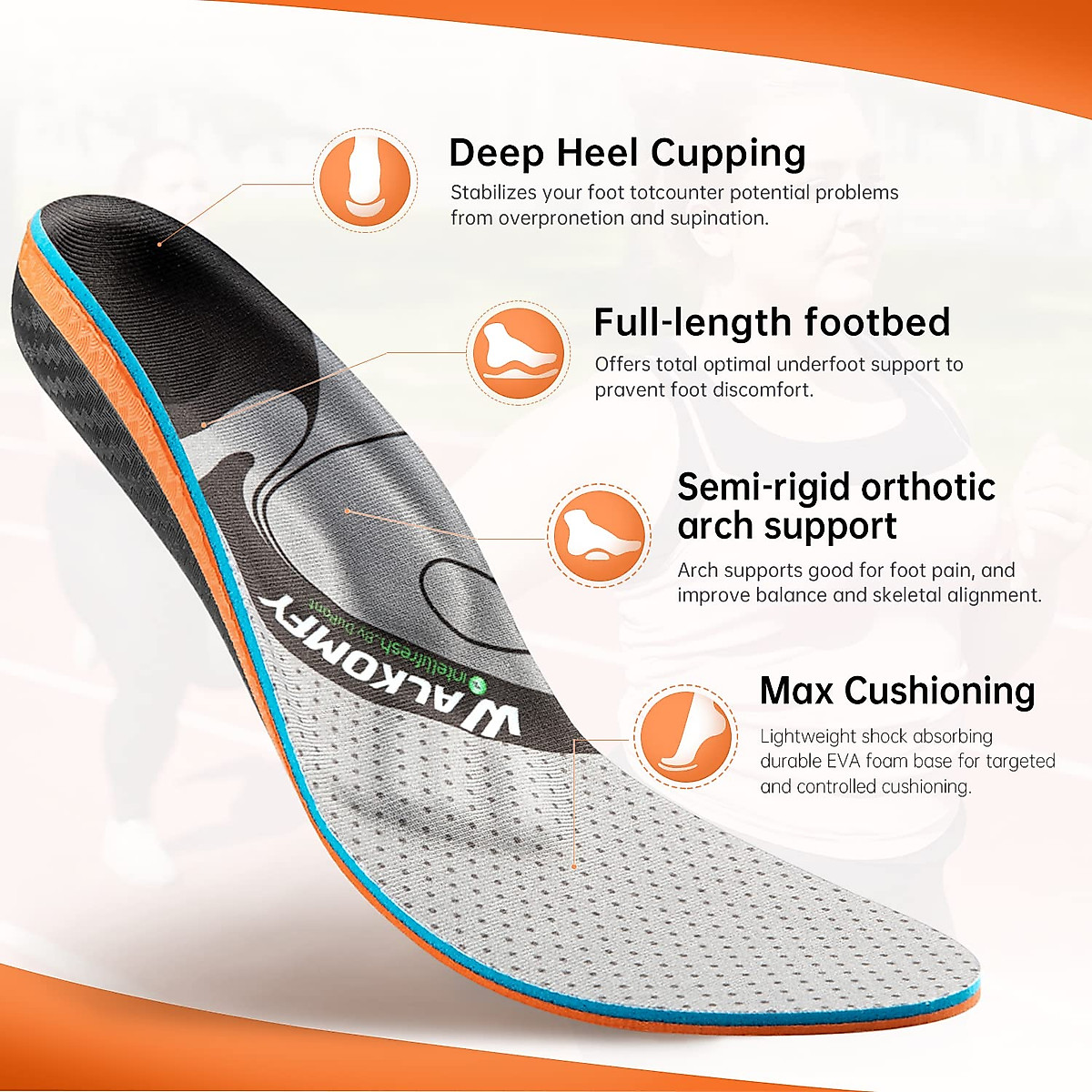 Walkomfy Plantar Fasciitis Insoles High Arch Support Shoe Inserts, Pain Relief Orthotics for Foot Pain,Flat Feet,Metatarsalgia, Work Boot Insoles for Men Women, All Day Support and Comfort