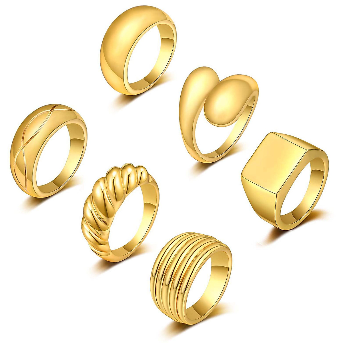 KOHOTA 6PCS Thick Dome Chunky Rings for Women 18K Gold Plated Braided Twisted Signet Ring Big Croissant Ring Minimalist Statement Ring Size 5-10