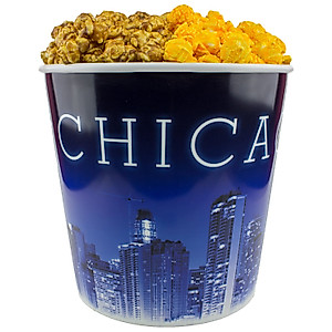 Signature Popcorn - Gourmet 1-Gallon Blue Chicago Skyline Reusable Plastic Bucket Tin - Half Caramel Half Cheddar Cheese Flavor