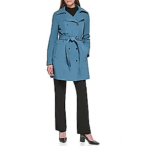 Calvin Klein Women's Double Breasted Belted Rain Jacket With Removable Hood, Oasis Teal, X-Large