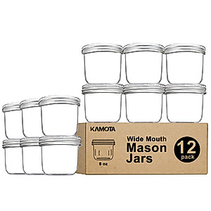 KAMOTA Wide Mouth Mason Jars 8 oz, 8oz Mason Jars Canning Jars Jelly Jars With Wide Mouth Lids and Bands, Ideal for Jam, Honey, Wedding Favors, Shower Favors, 12 PACK