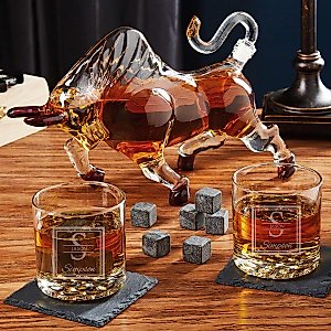 Custom Buckman Whiskey Glasses and El Matador Bull Whiskey Decanter Set (Personalized Gift)