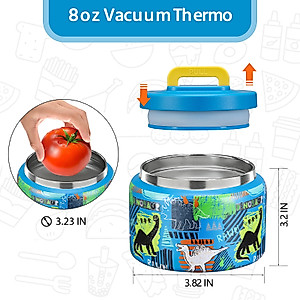 MAISON HUIS 8oz Soup Thermo Wide Mouth Vacuum Insulated Thermo Food Jar, Leak Proof Stainless Steel Food Thermo for Hot&Cold Food Kids Food Lunch Soup Container for School Travel (F-Blue-Dinosaur)